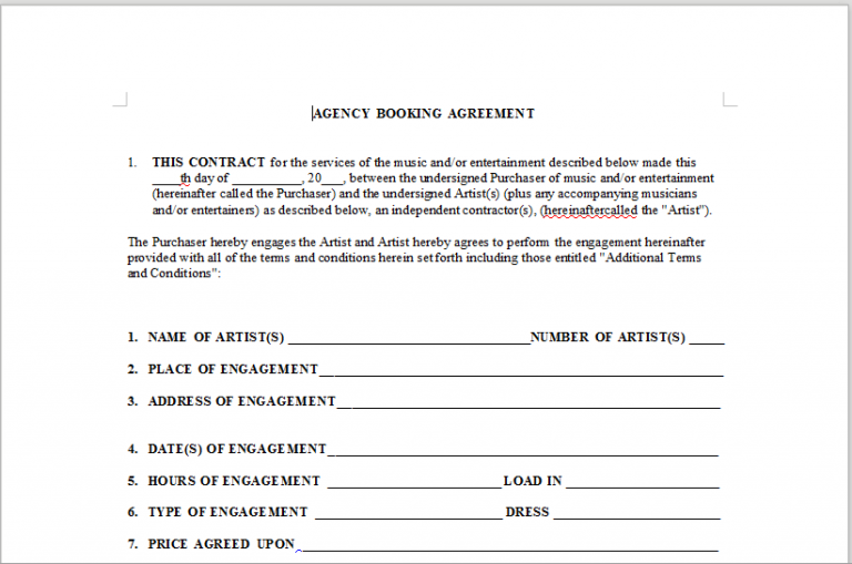 AGENCY BOOKING AGREEMENT - OnlineMusicContracts.Com