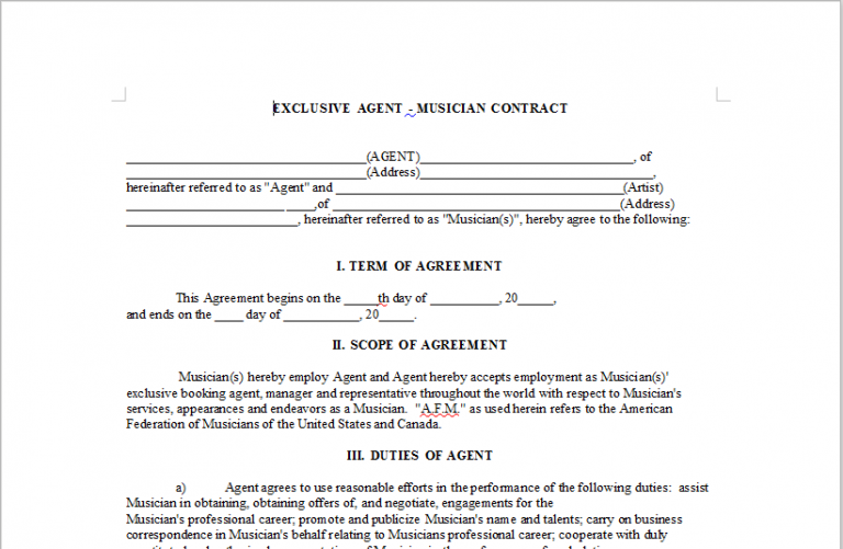 EXCLUSIVE AGENT – MUSICIAN CONTRACT - OnlineMusicContracts.Com